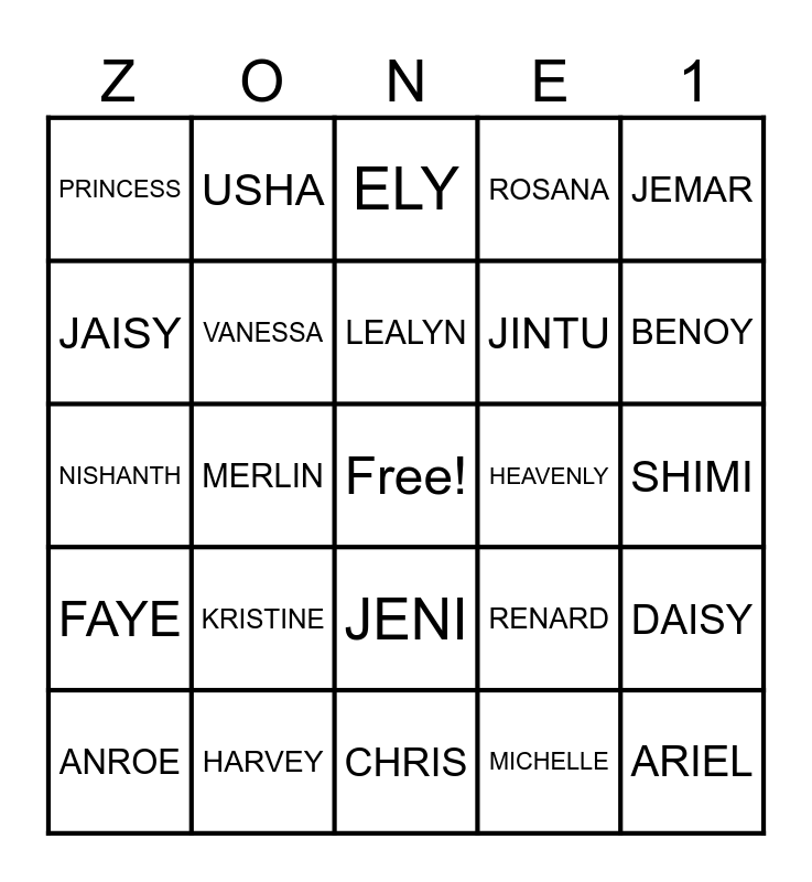Zone 1 Bingo Time Bingo Card