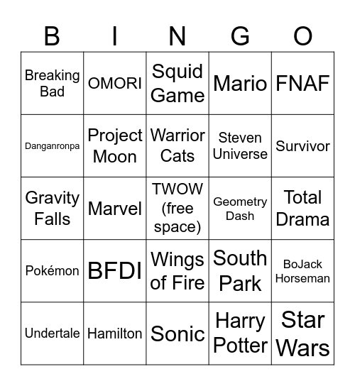 Fandom Bingo Card