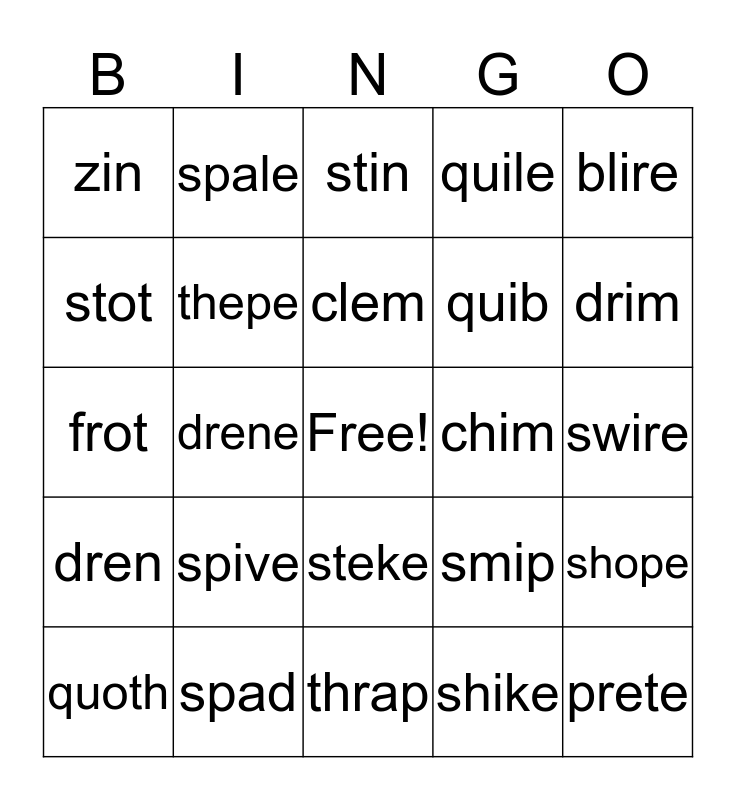 Nonsense Words Bingo Card