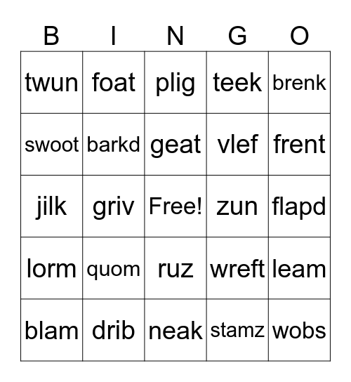 Nonsense Word BINGO Card