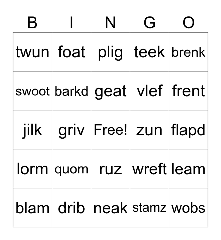 Nonsense Word BINGO Card