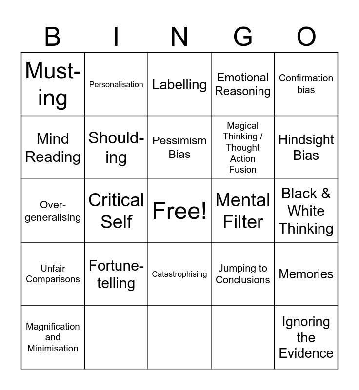 Unhelpful Thinking Styles Bingo Card