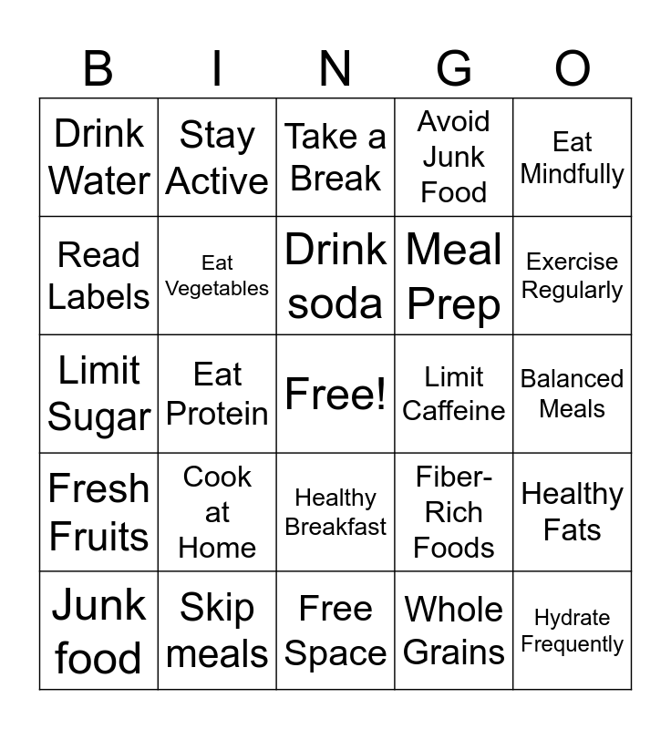 Healthy Habits Bingo Card