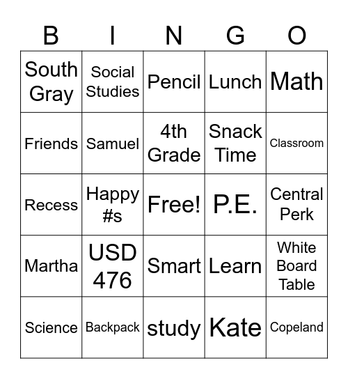 4th Grade Bingo Card