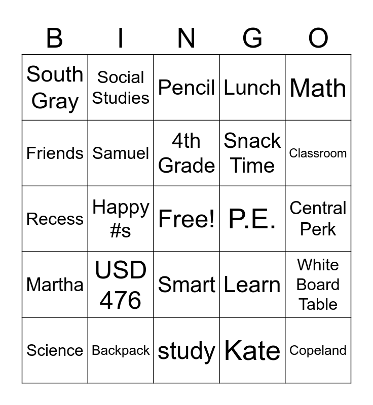 4th Grade Bingo Card