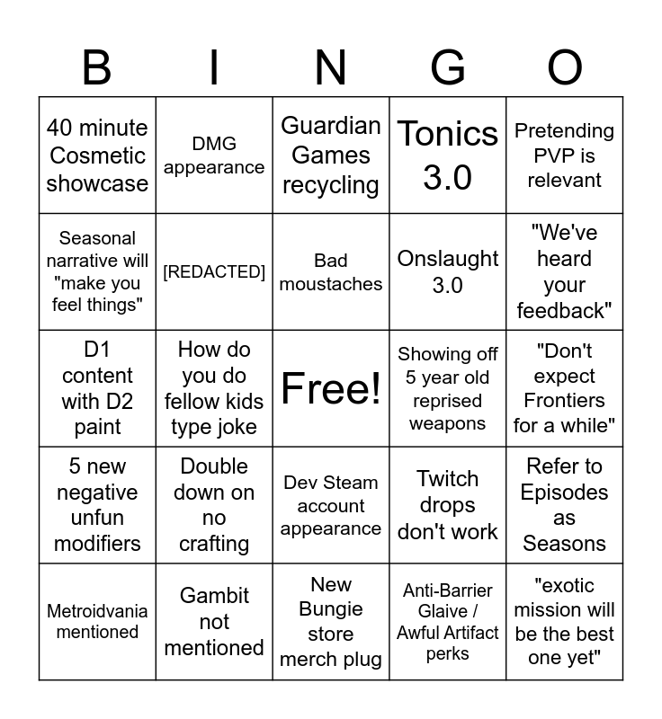 Bungo Dev Stream Bingo Card