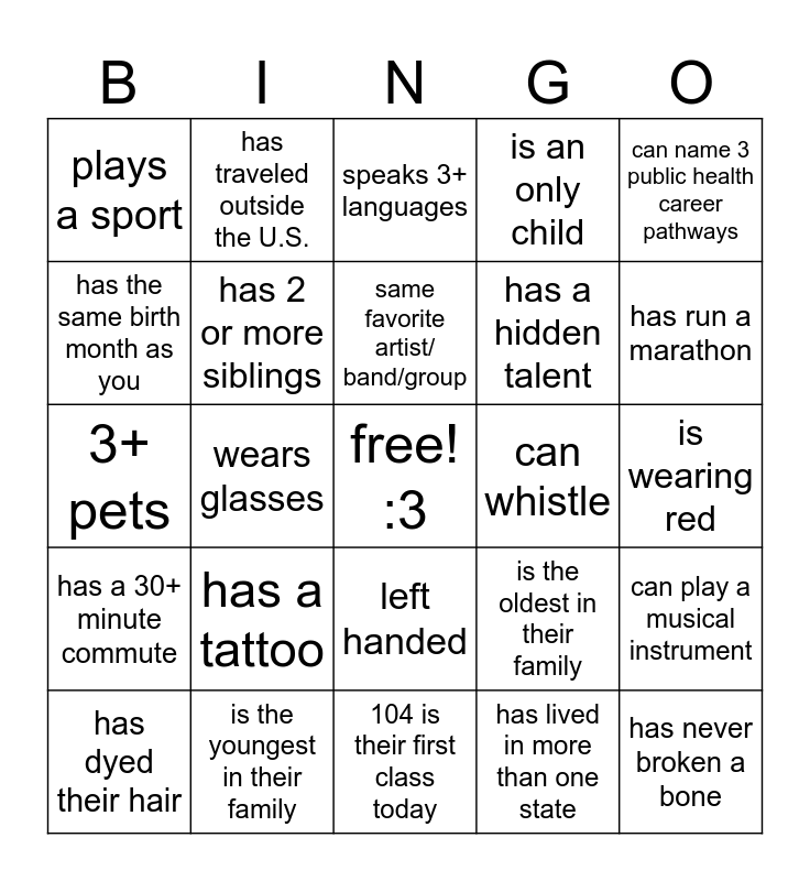 Peer-to-Peer Bingo: Uniting PH 104 Bingo Card