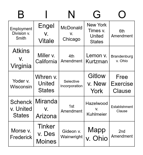 Civil Liberties Cases Bingo Card