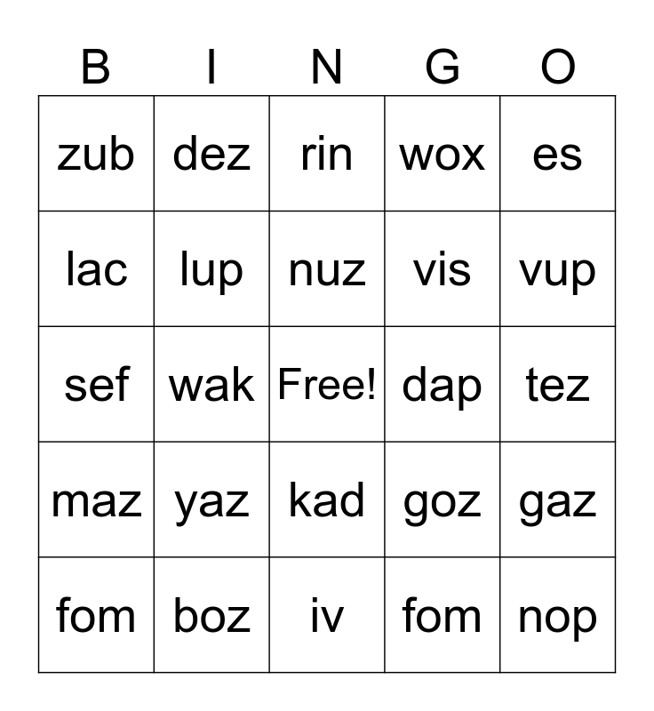 Nonsense Word BINGO Card