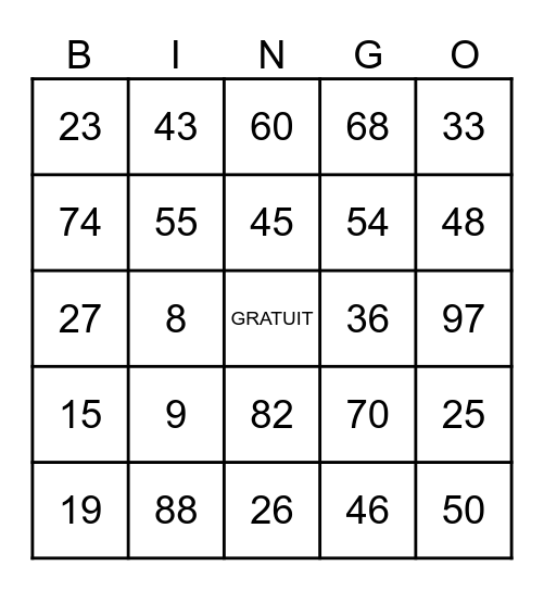 Les nombres français 0-50 Bingo Card