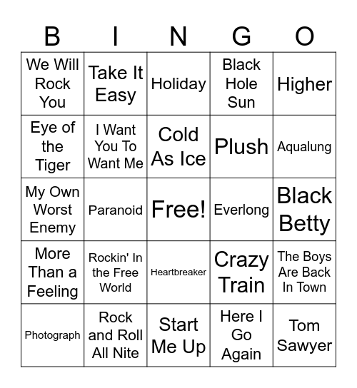 Rock n Roll Bingo #1 Bingo Card