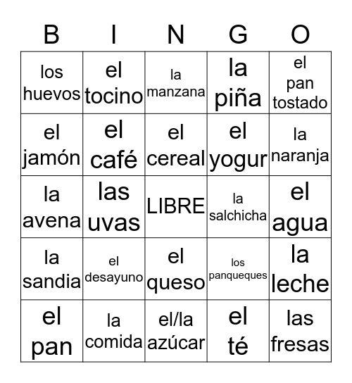 La Comida - El Desayuno Bingo Card
