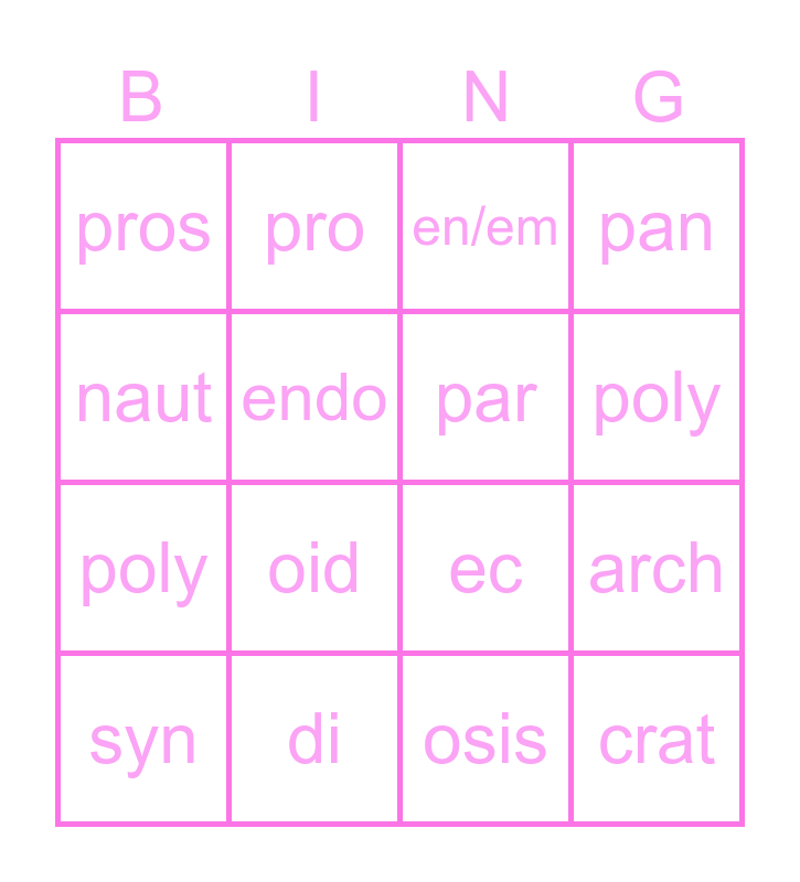 Greek List #5 Prefixes & Suffixes Bingo Card