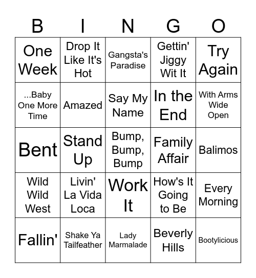 Billboard Top 100 1995 - 2005 Bingo Card
