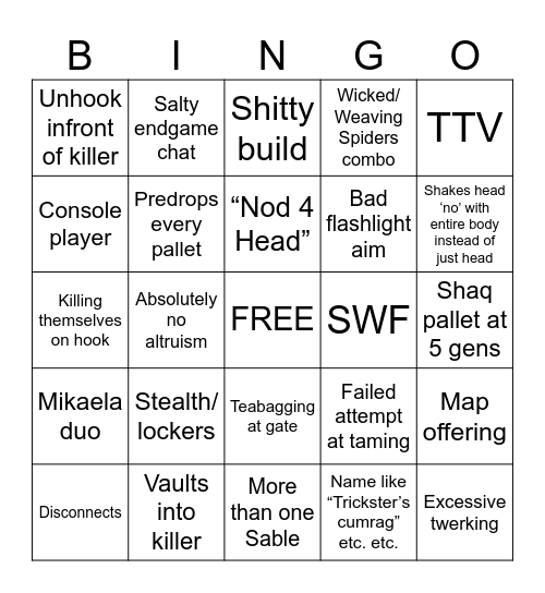 SABLE PLAYER BINGO Card