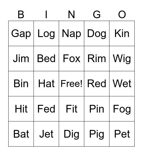 CVC Ending Words Bingo Card