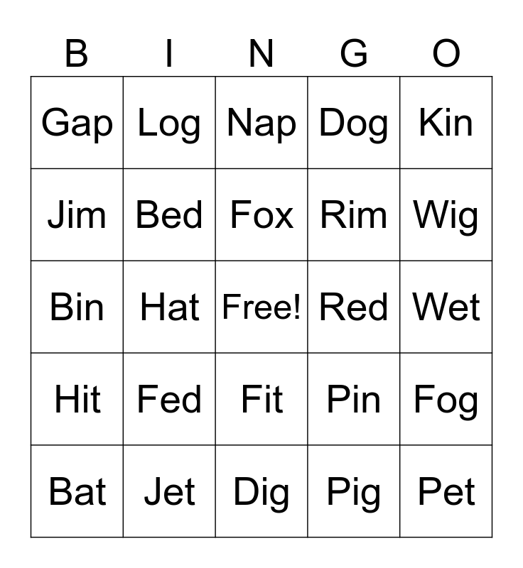 CVC Ending Words Bingo Card