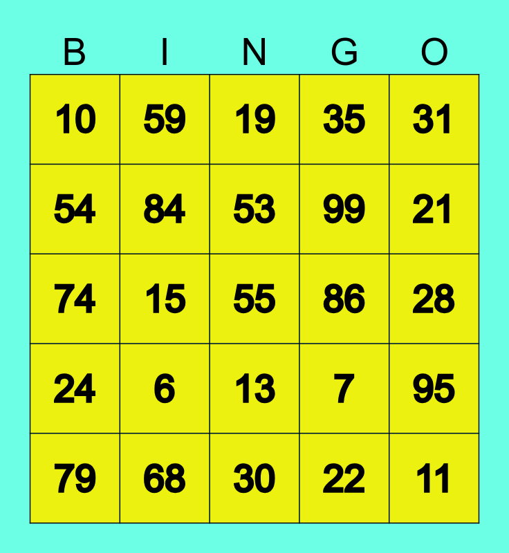 Number Bingo 1-100 Bingo Card