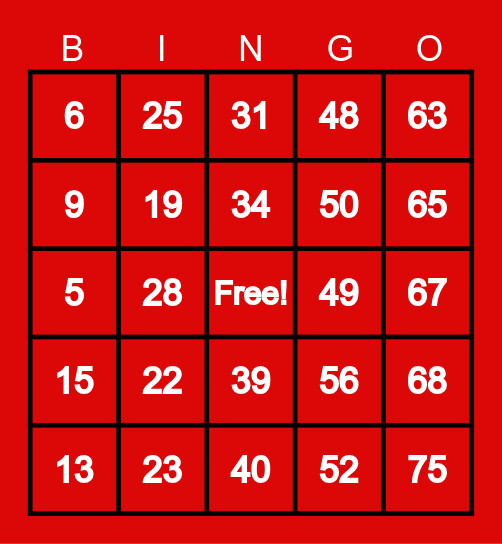 Number Bingo 1-79 Bingo Card