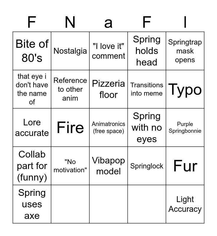 FNaF Animation Shorts Bingo Card