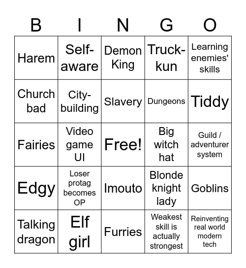 Isekai/Fantasy Slop Bingo Card