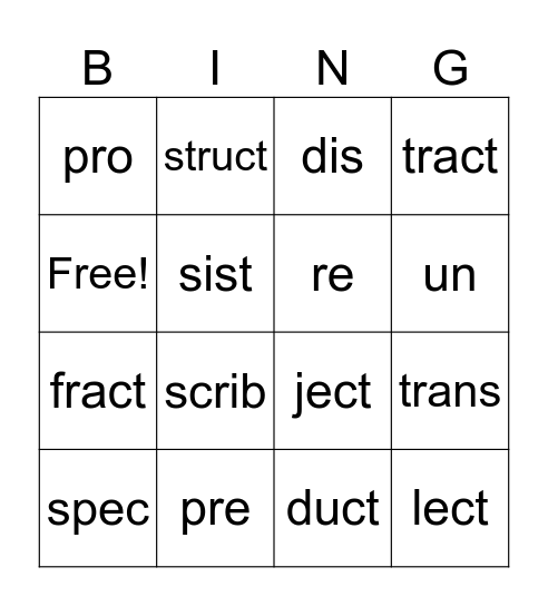 Prefixes and Latin Roots Bingo Card