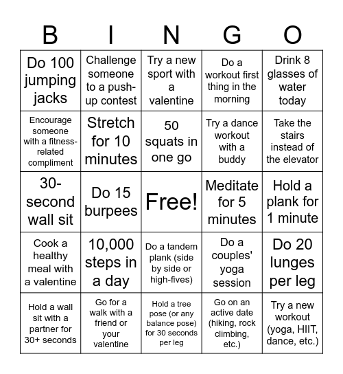 February Fitness Bingo Challenge Bingo Card