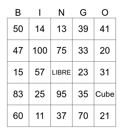 numbers 1-100 Bingo Card