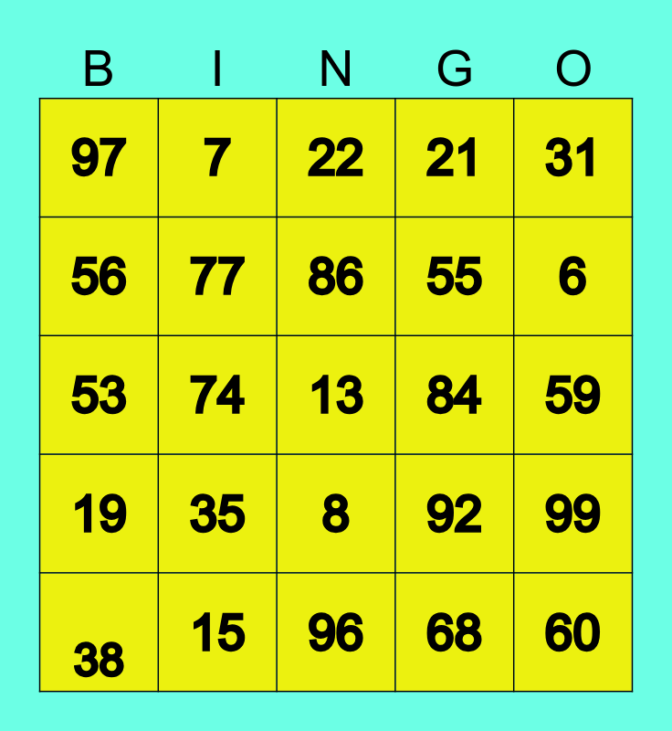 Number Bingo 1-101 Bingo Card
