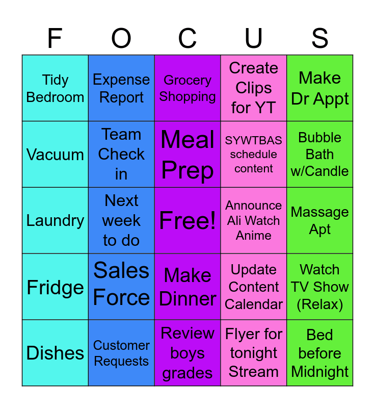 Ali's Task BINGO Card