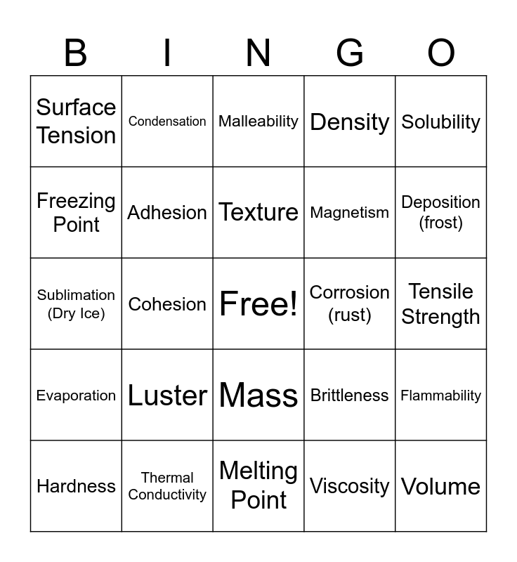 Properties of Matter Bingo Card
