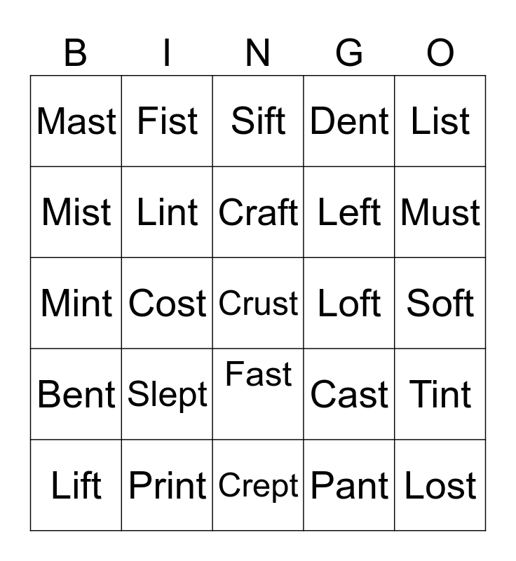 Ending T blends Bingo Card