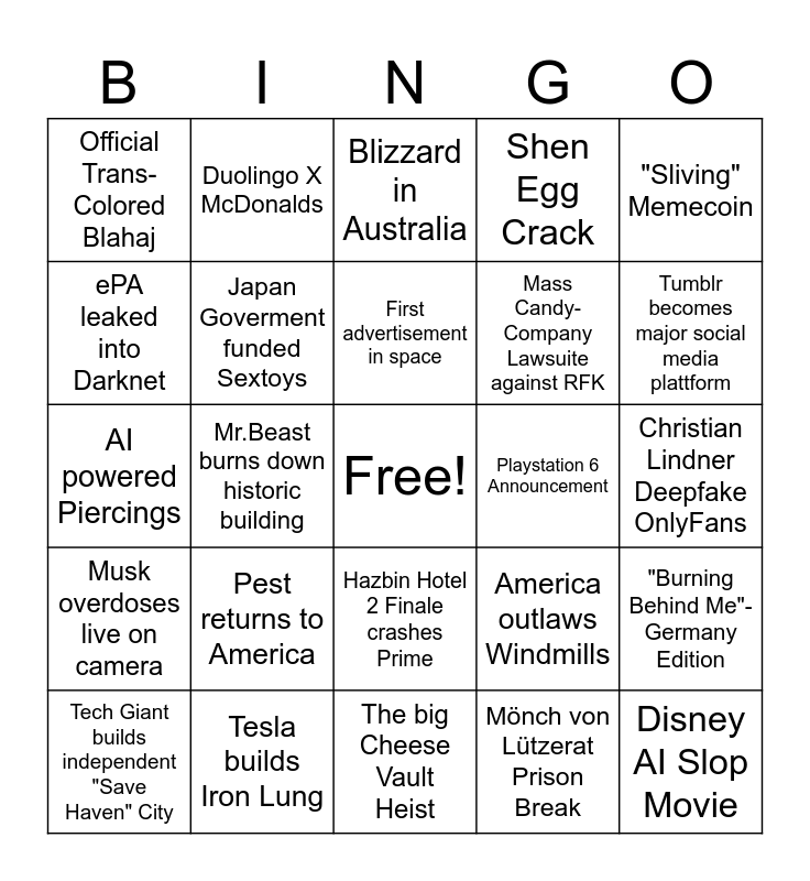 2025 Dumpster Fire Bingo Card