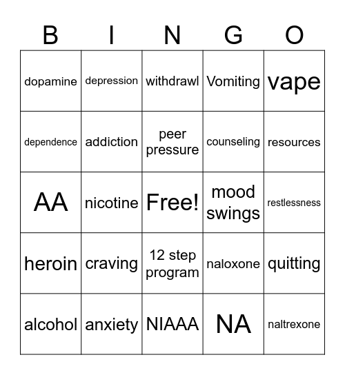 Addiction Bingo Card