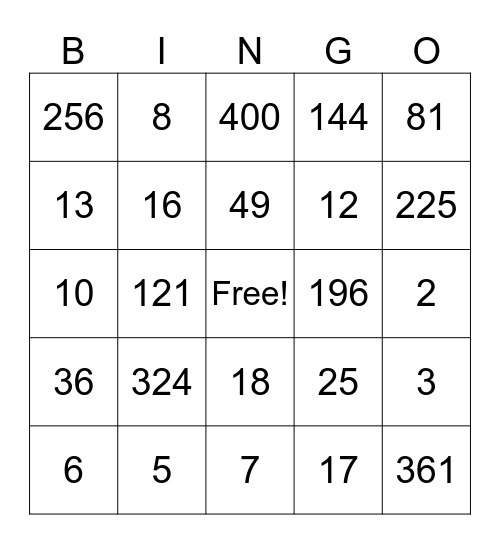 Perfect Squares Bingo Card