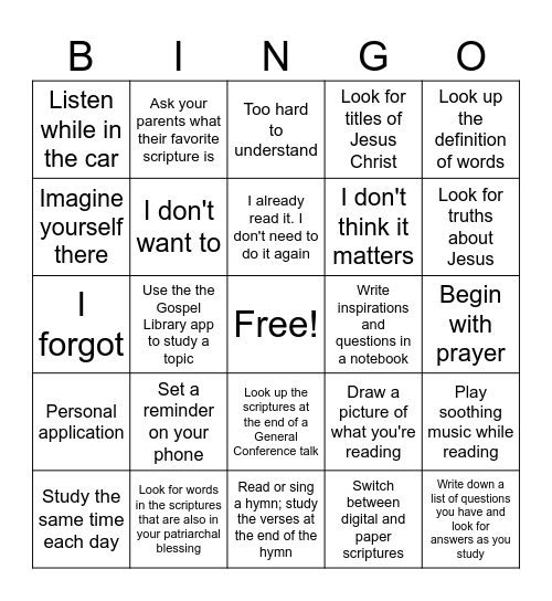 Success & Struggles with Scripture Study Bingo Card