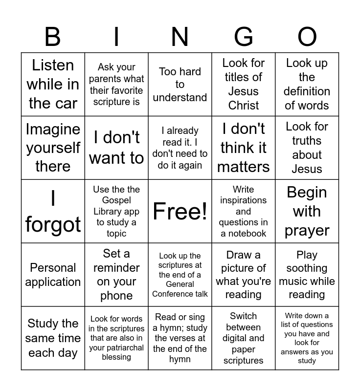 Success & Struggles with Scripture Study Bingo Card