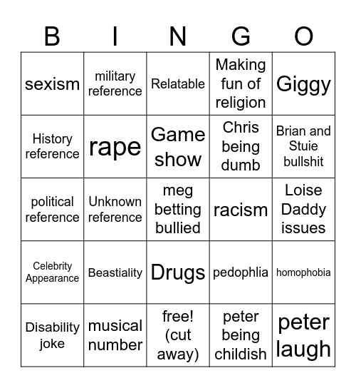 family guy Bingo Card