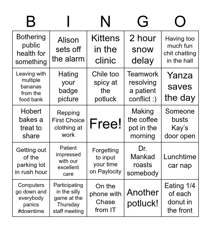 First Choice Alameda Bingo Card