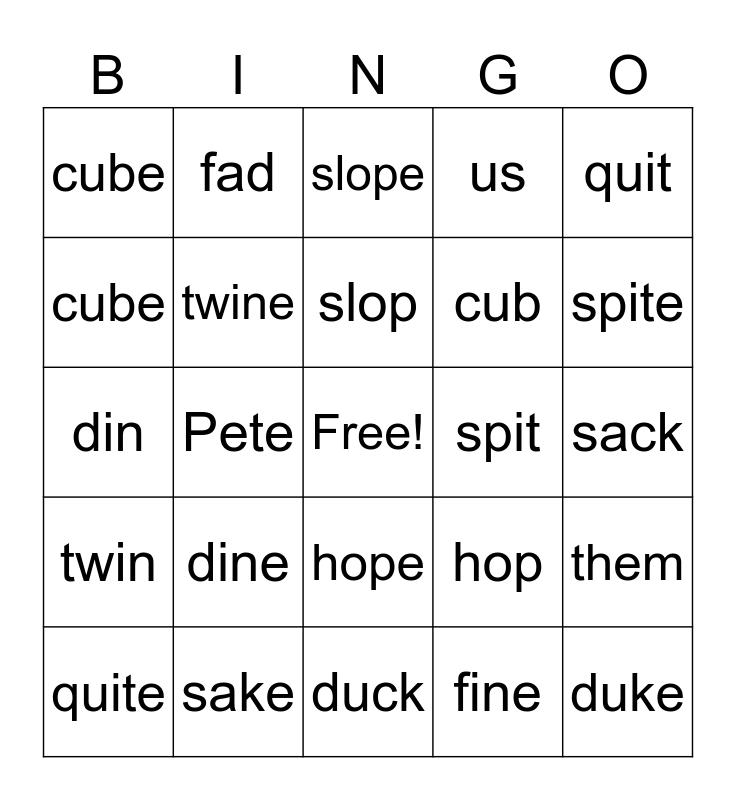 Short Vowels and VCe Vowels Bingo Card