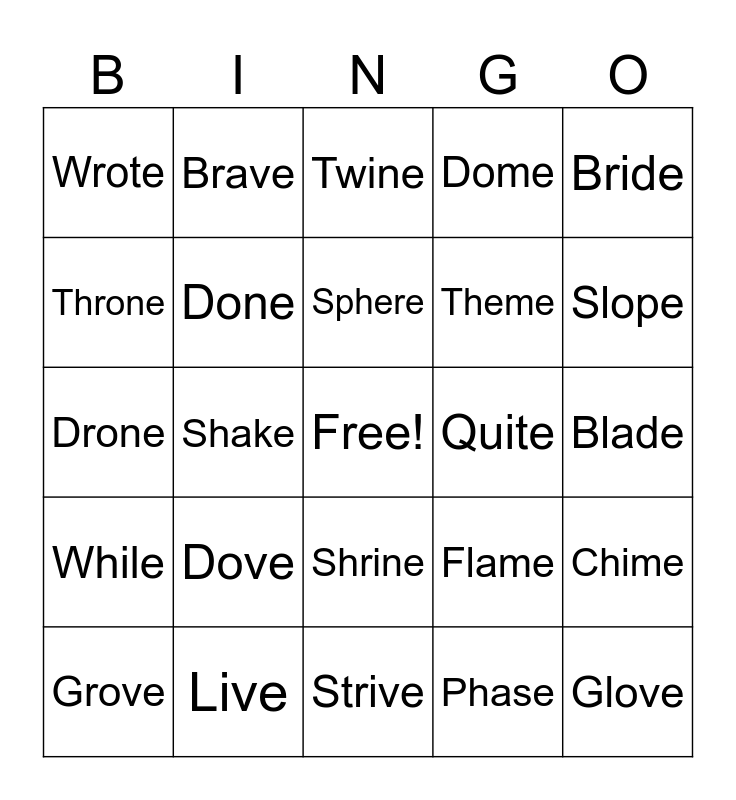 VCe Bingo Card