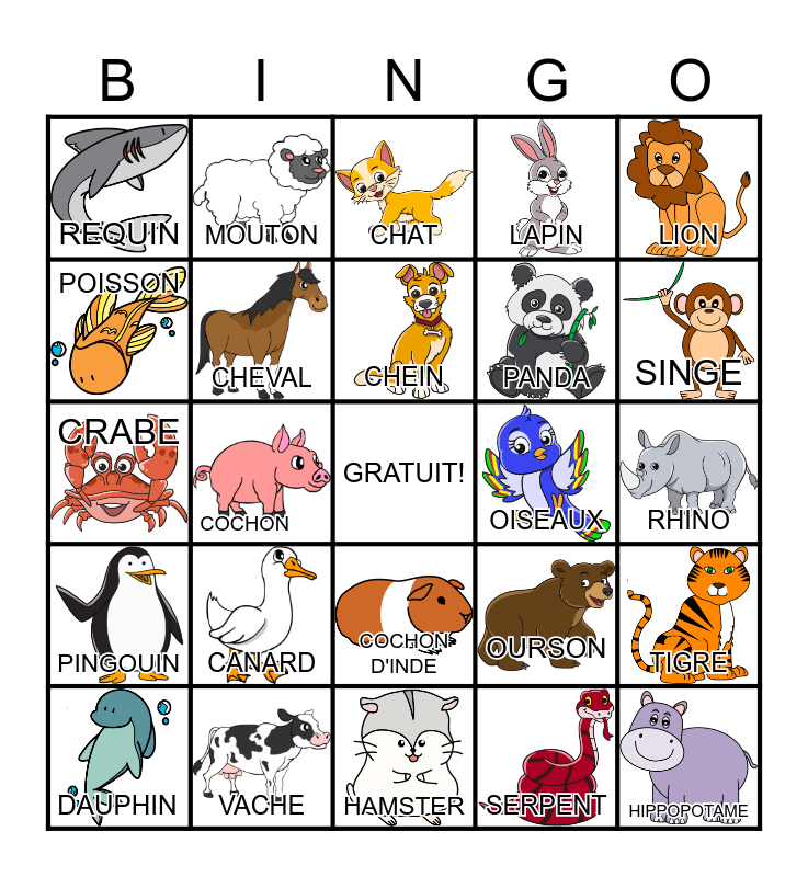 Les Animaux Bingo Card