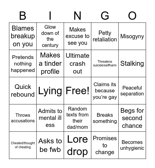 Vanessa’s break up bingo Card