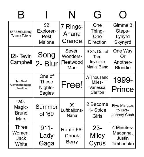 Number Songs Bingo Card