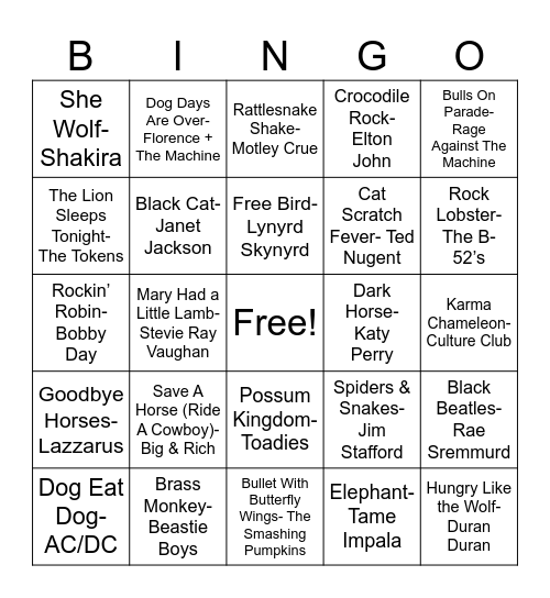 Animal Songs Bingo Card