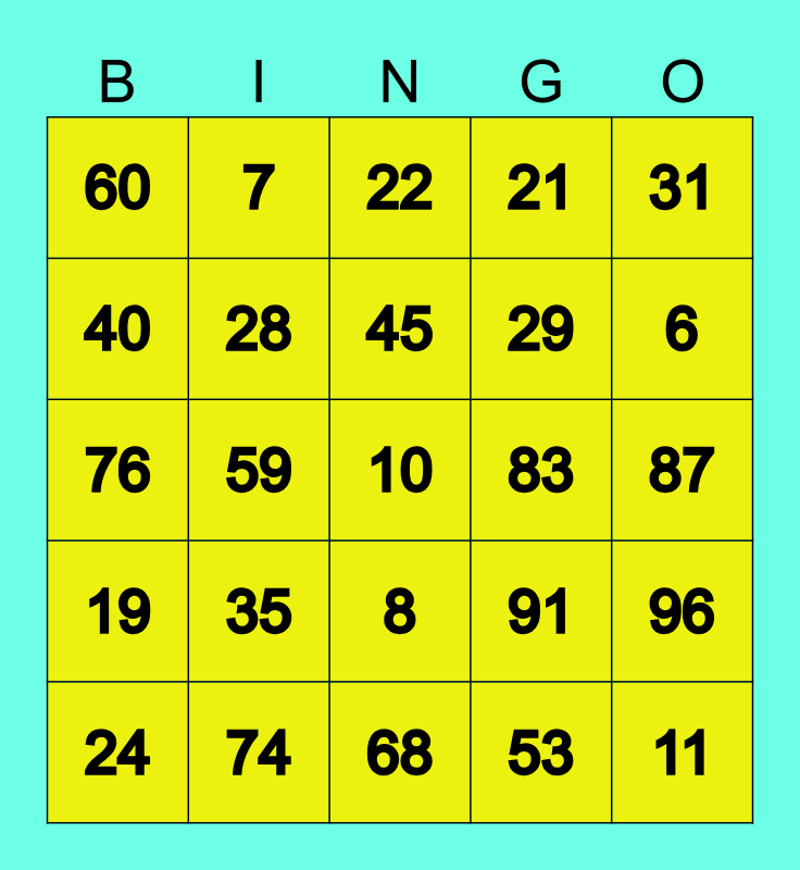 Number Bingo 1-101 Bingo Card