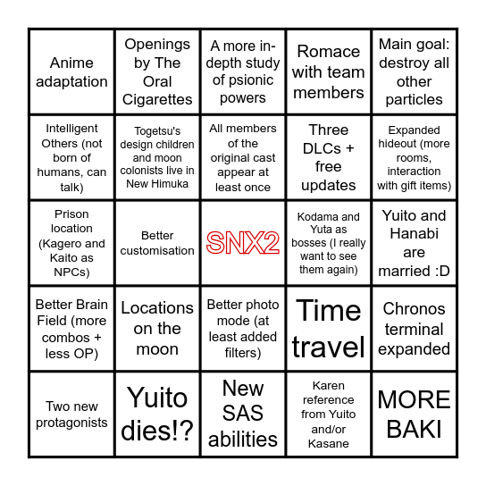 If Scarlet Nexus 2 will happen Bingo Card Bingo Card