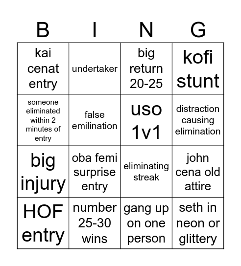 Rumble Bing Bingo Card