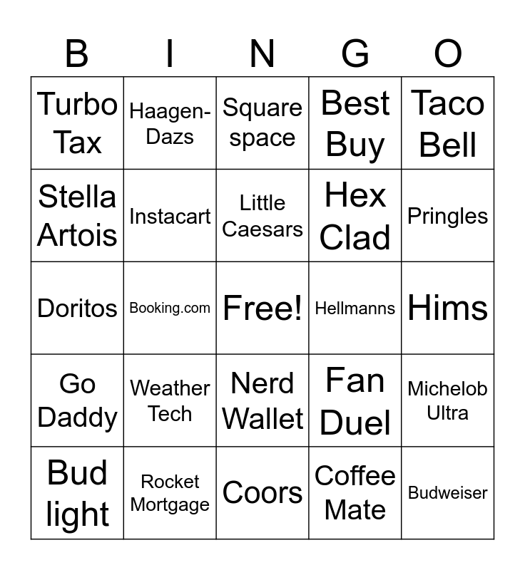 Superbowl Commercial Bingo Card