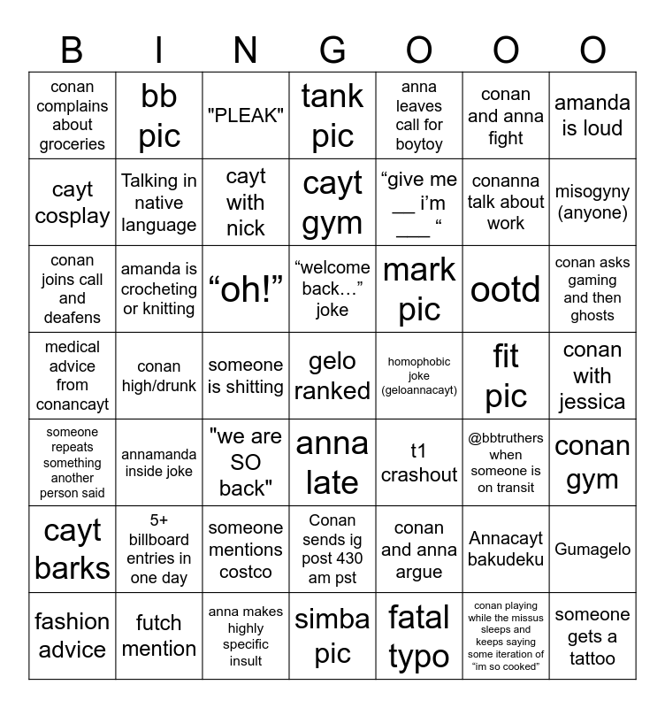 the girls bingo Card
